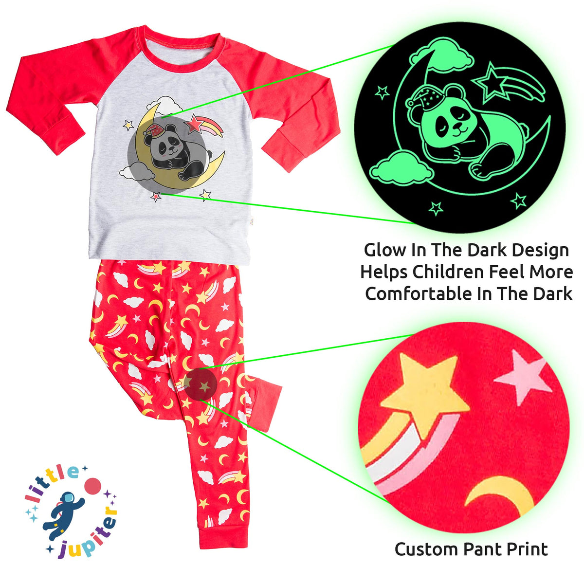Little Jupiter Glow in The Dark Pajama Set - Grey & Red Panda Moon